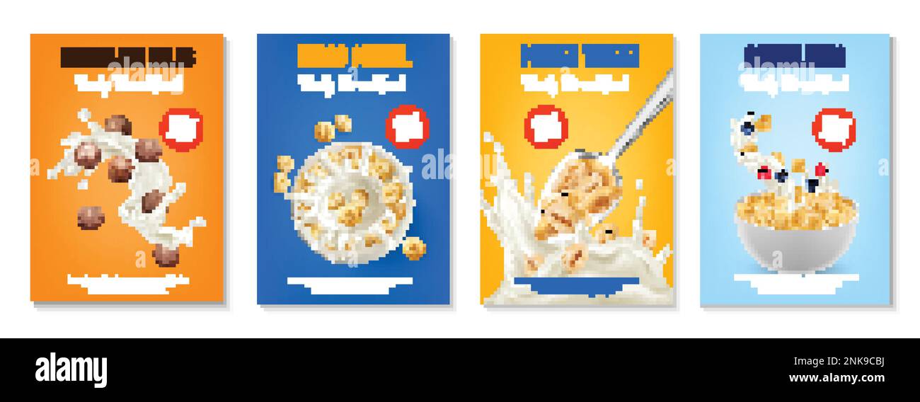 Breakfast cereal realistic poster set with balls and rings isolated ...