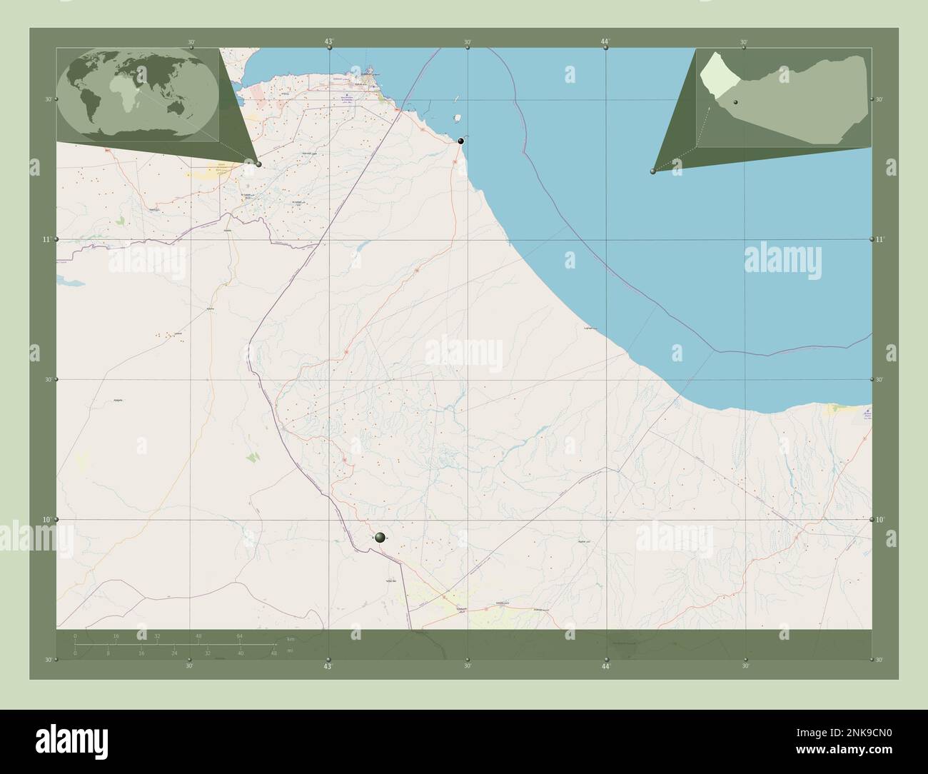 Awdal, region of Somaliland. Open Street Map. Locations of major cities ...