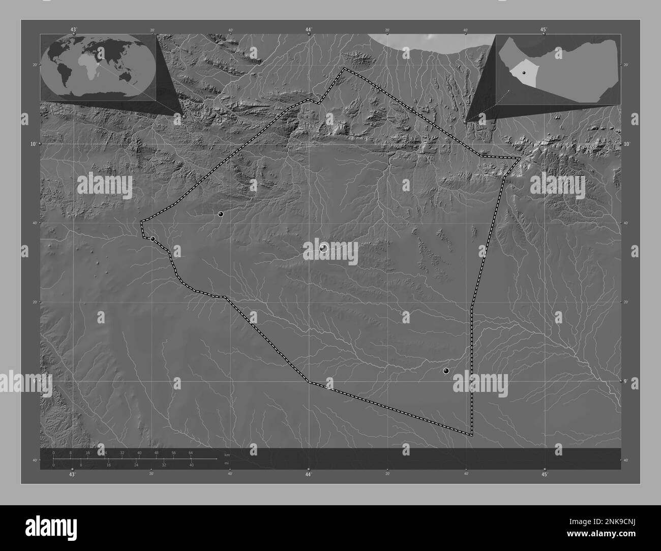 Maroodi Jeex, region of Somaliland. Bilevel elevation map with lakes ...