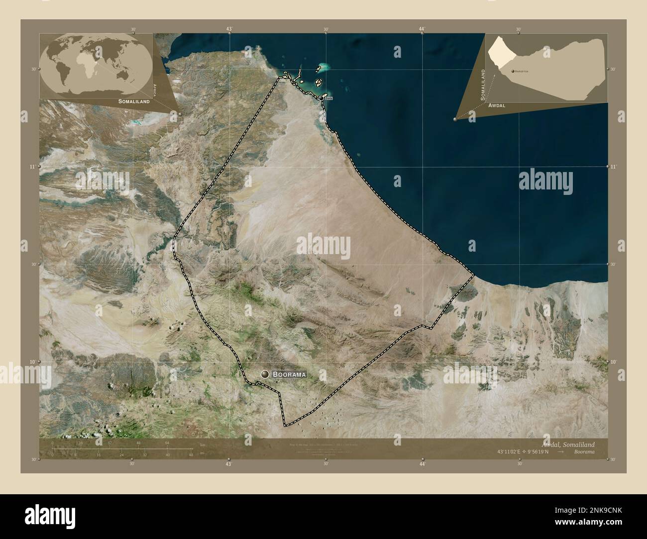 Awdal, region of Somaliland. High resolution satellite map. Locations ...
