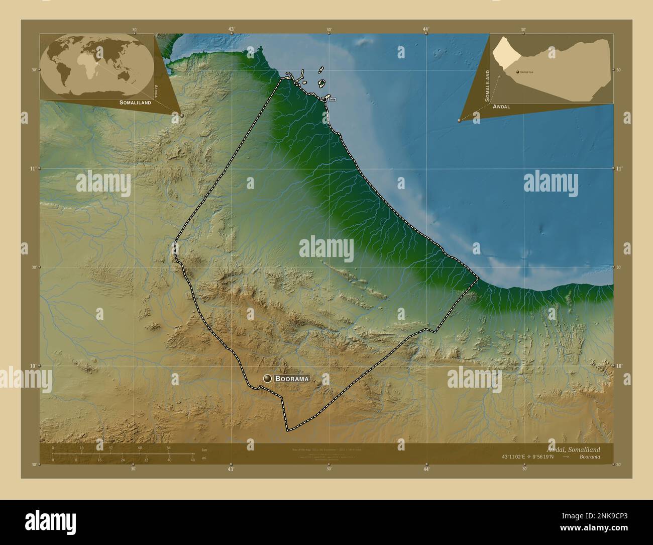 Awdal, region of Somaliland. Colored elevation map with lakes and ...