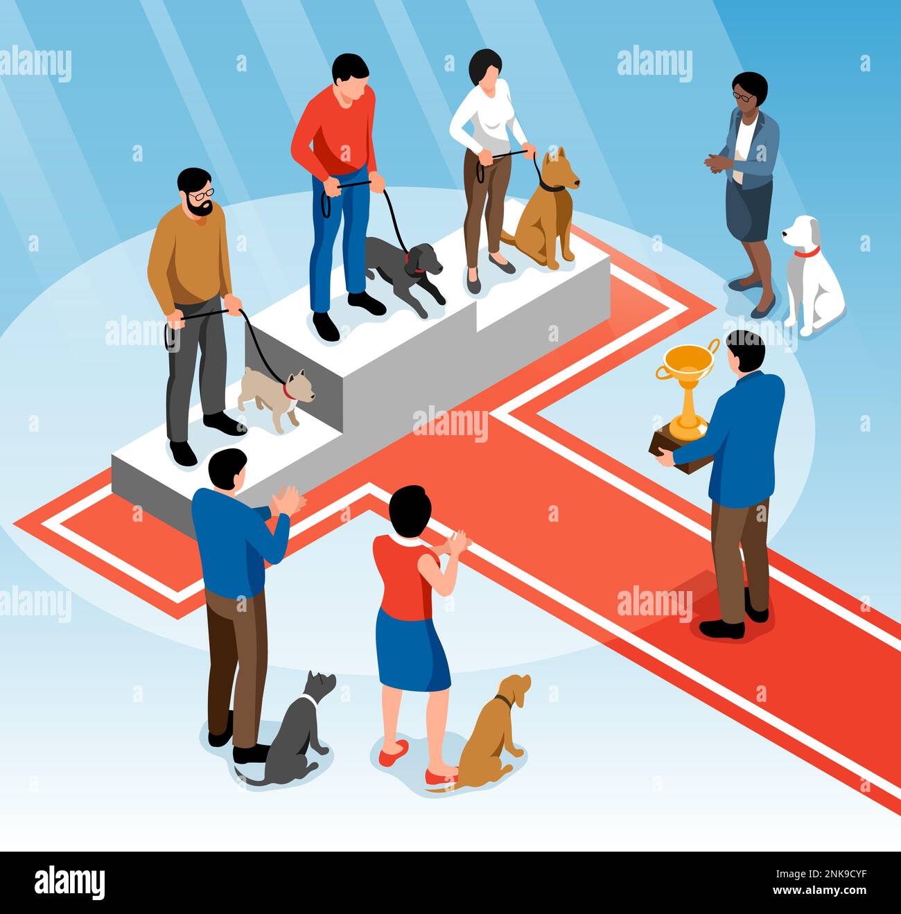Isometric dog show composition with view of red carpet with winners ...