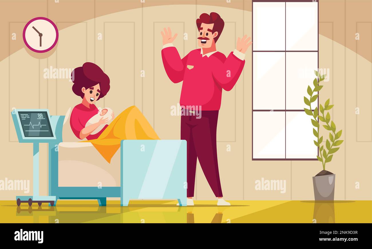 Pregnancy and maternity concept with baby delivery scene cartoon vector ...