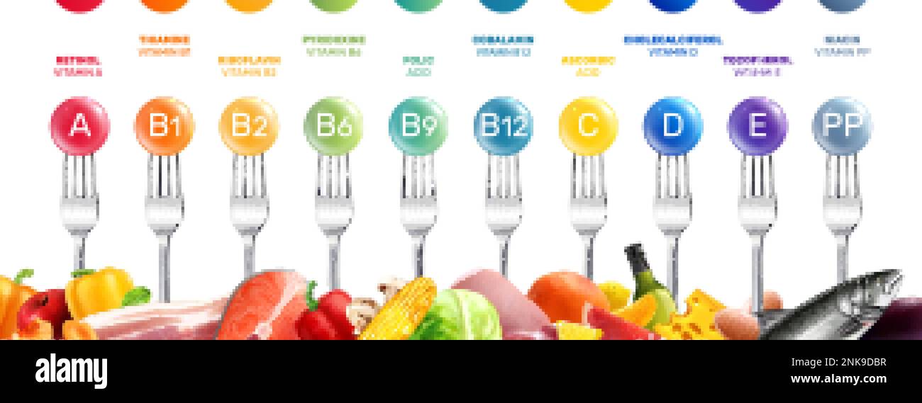 Vitamins realistic composition with horizontal row of forks with ...
