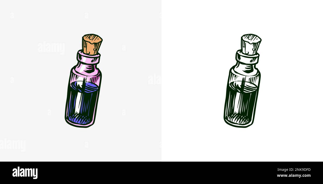 Bottles with potion. Nostrum or arcanum. Vintage engraving sketch ...
