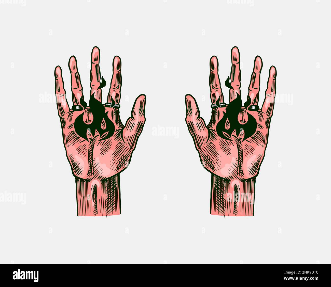 Boho mystic hand with fire. Arcane Esoteric icon. Vintage engraving ...