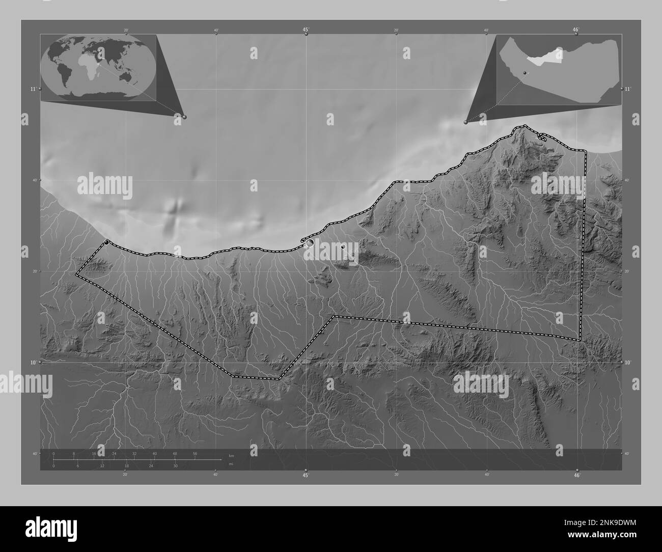 Sahil, region of Somaliland. Grayscale elevation map with lakes and ...