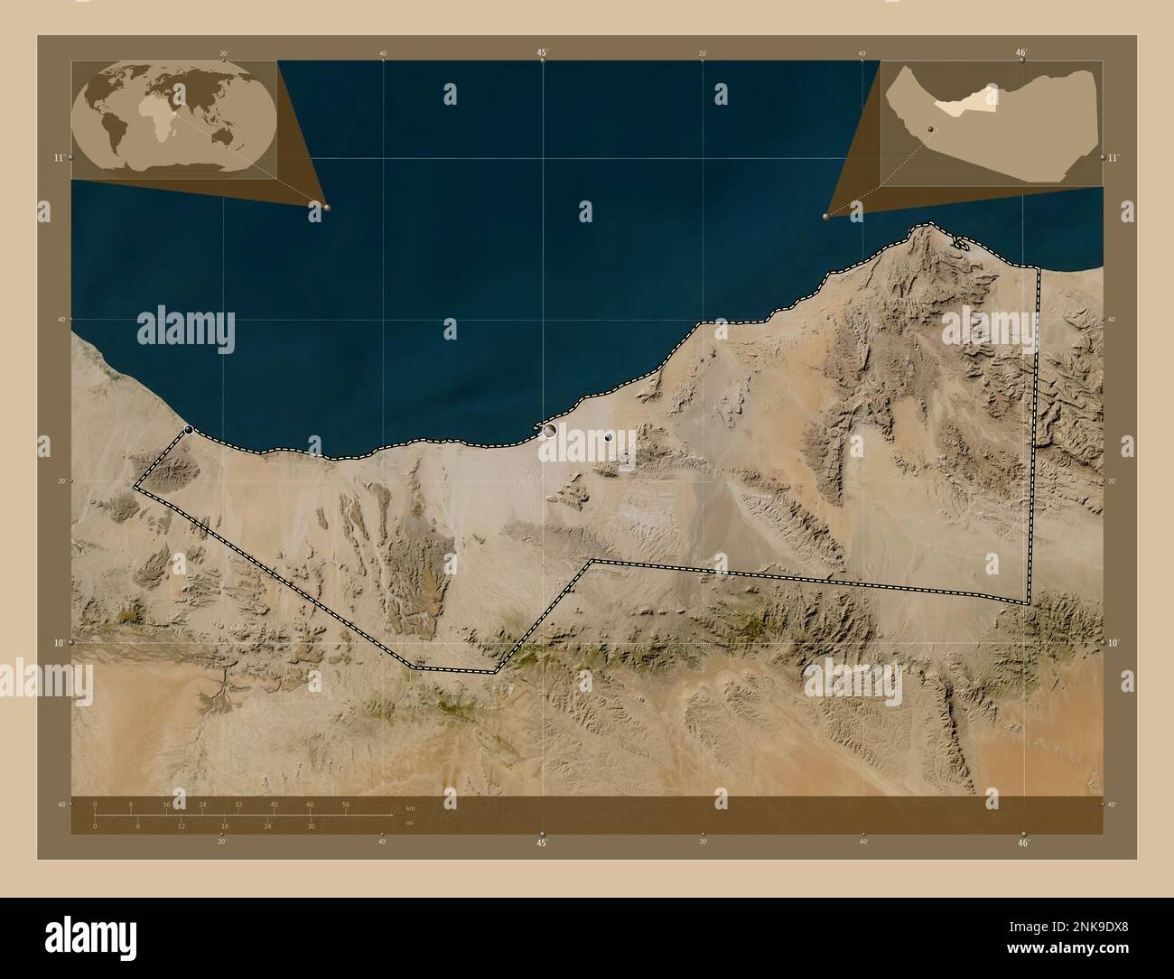 Sahil, region of Somaliland. Low resolution satellite map. Locations of ...