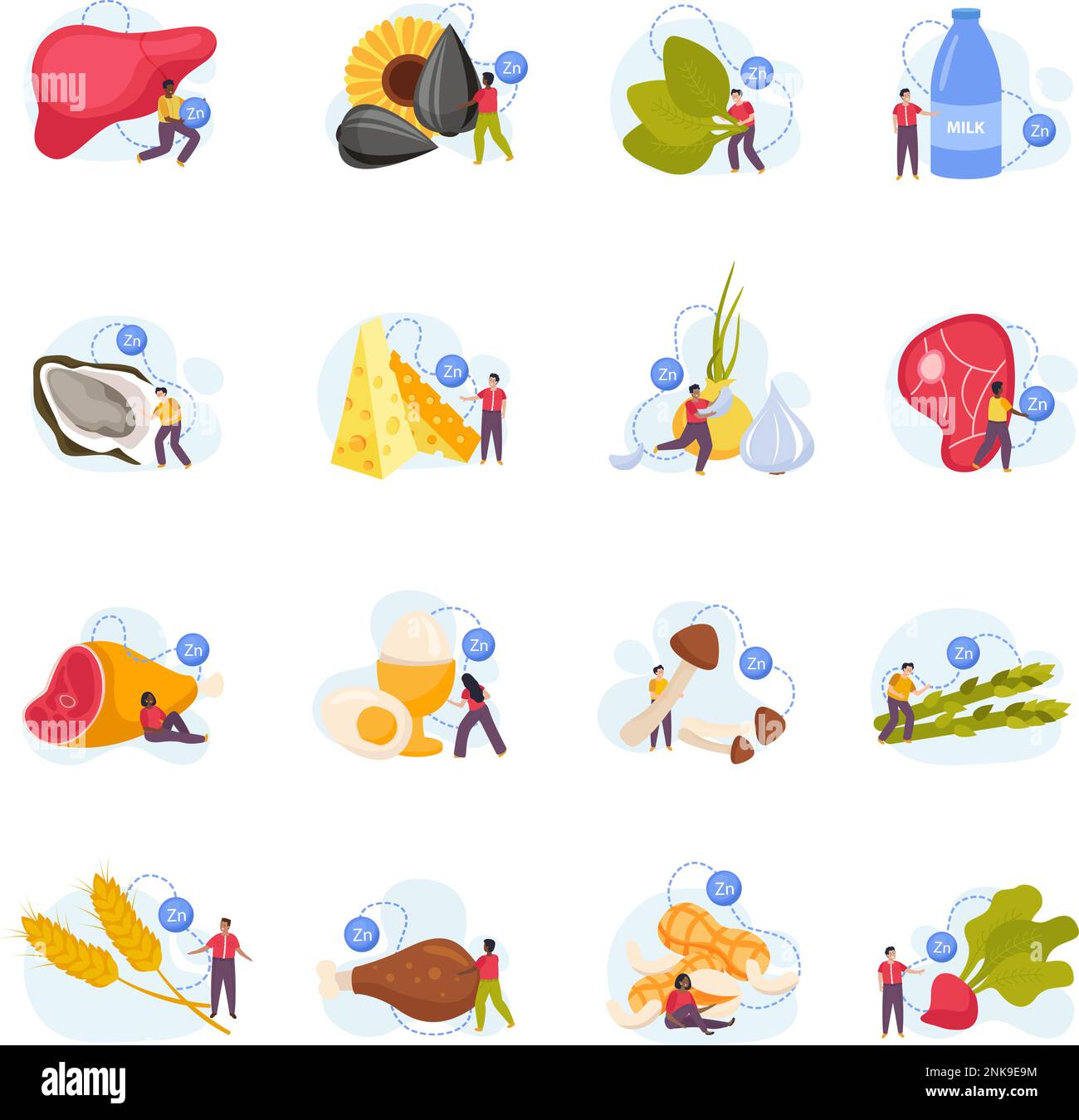 Flat set of icons with zinc natural food sources and tiny people ...