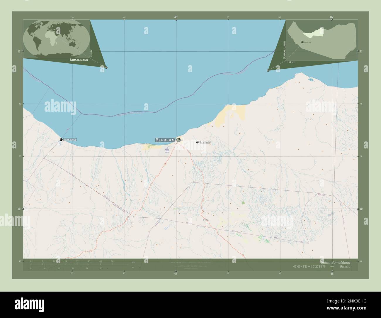 Sahil, region of Somaliland. Open Street Map. Locations and names of ...