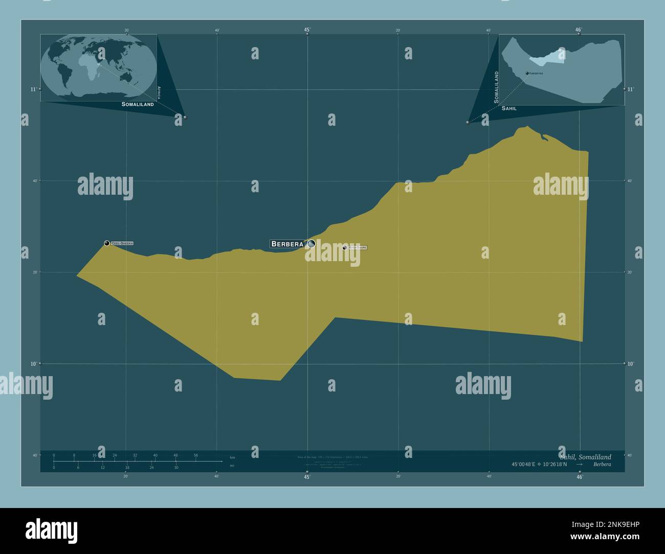 Sahil, region of Somaliland. Solid color shape. Locations and names of ...