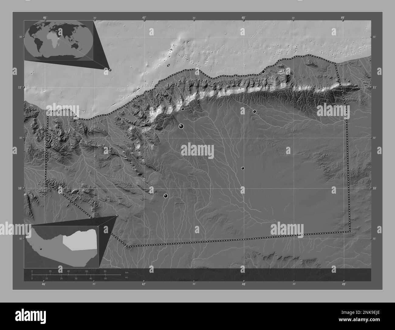 Sanaag, region of Somaliland. Bilevel elevation map with lakes and ...
