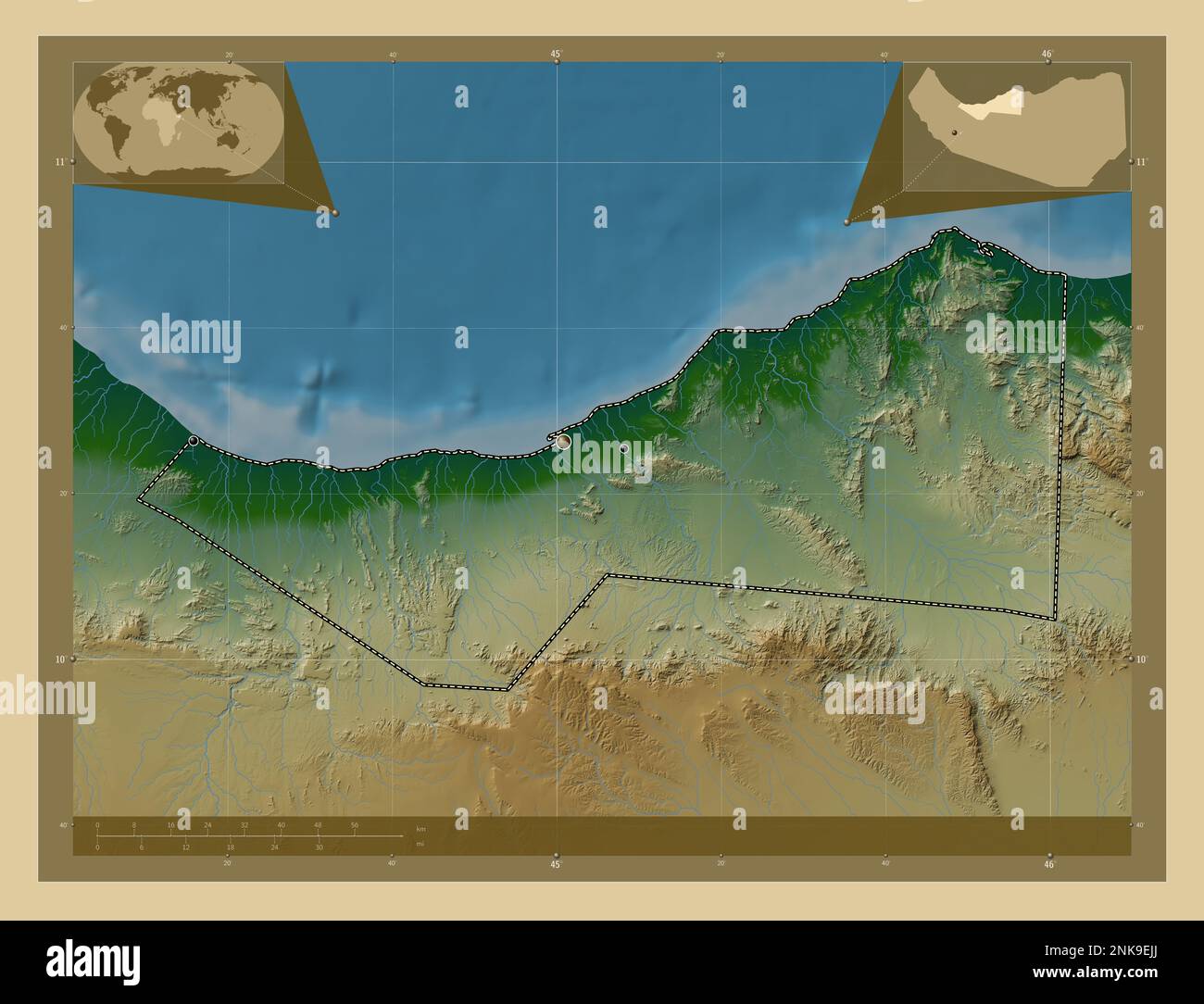 Sahil, region of Somaliland. Colored elevation map with lakes and ...
