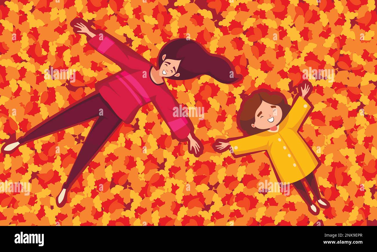 Happy mom and girl lying in colorful autumn leaves cartoon vector ...