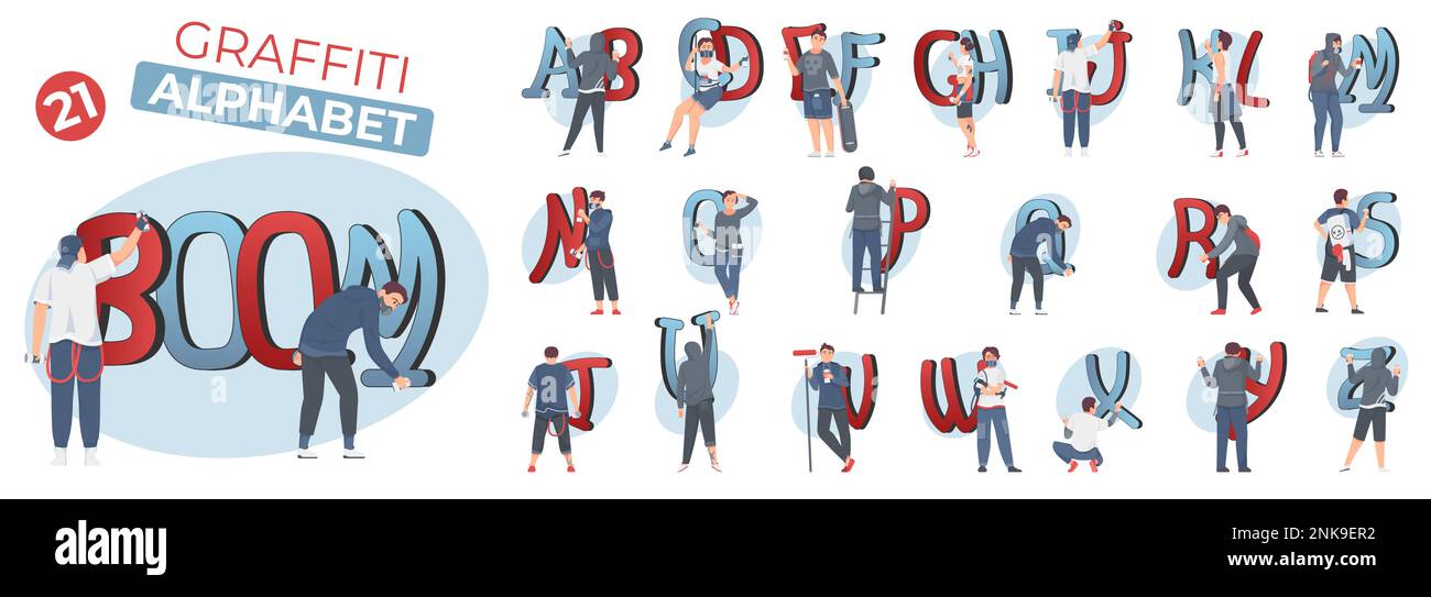 Graffiti alphabet flat composition set of people drawing letters with ...