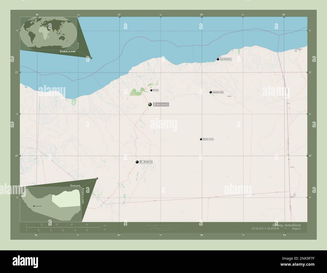 Sanaag, region of Somaliland. Open Street Map. Locations and names of ...
