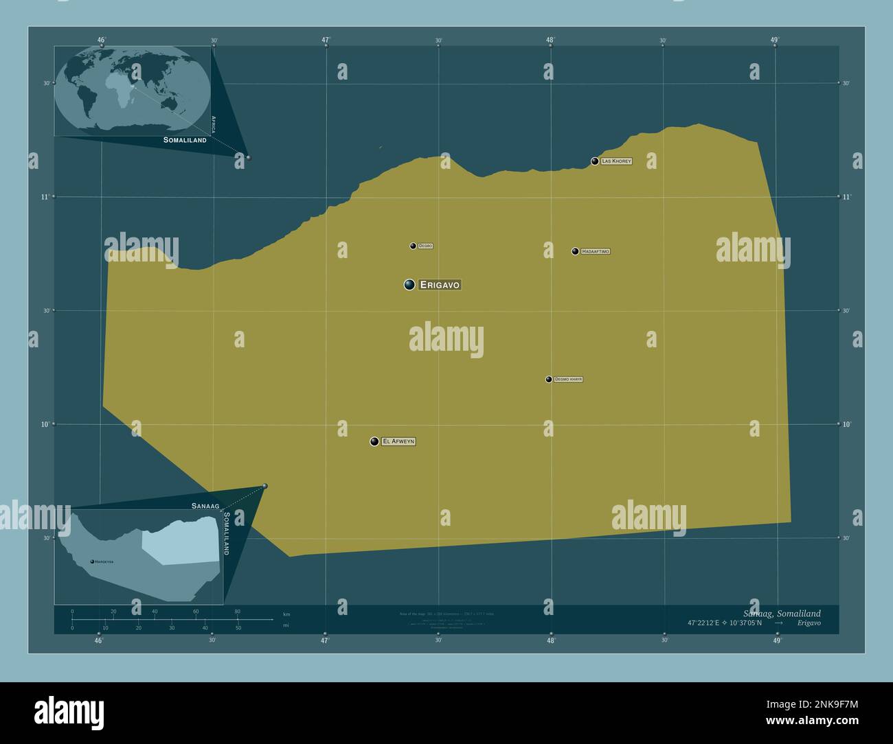 Sanaag, region of Somaliland. Solid color shape. Locations and names of ...