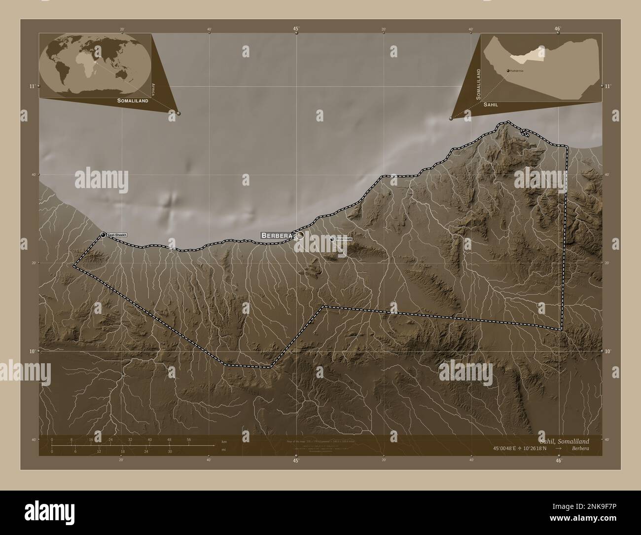Sahil, region of Somaliland. Elevation map colored in sepia tones with ...
