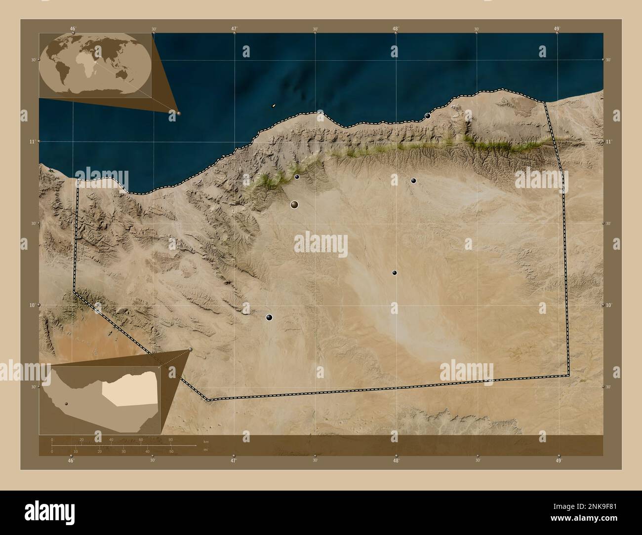 Sanaag, region of Somaliland. Low resolution satellite map. Locations ...