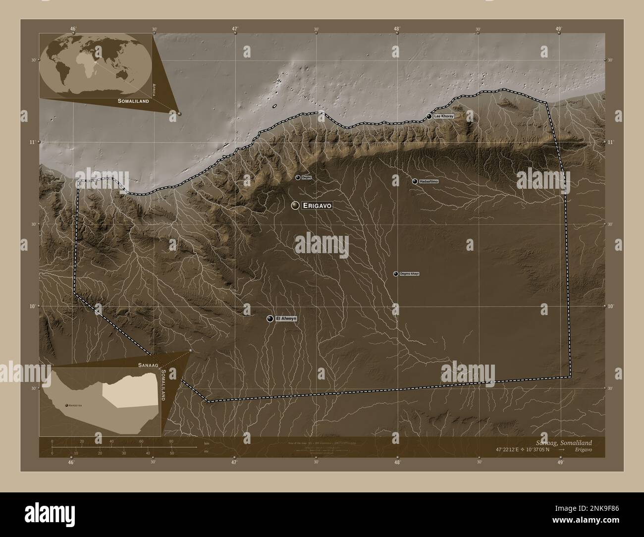 Sanaag, region of Somaliland. Elevation map colored in sepia tones with ...
