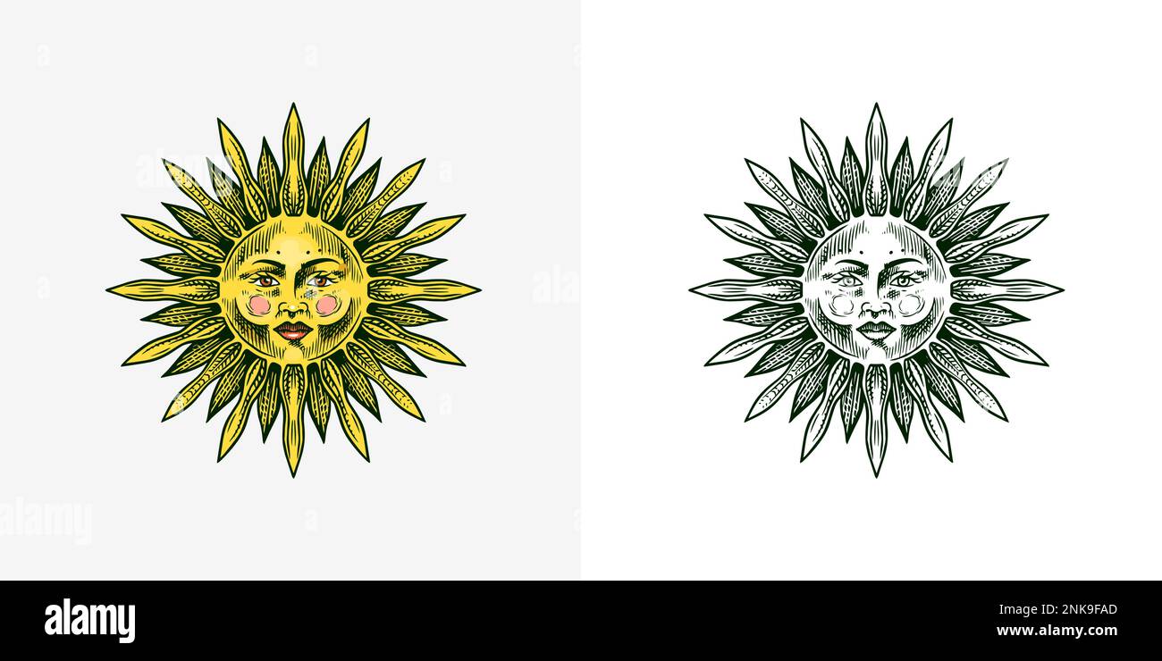 Bohemian esoteric sketch. Sun with a face. Vintage engraving sketch for ...