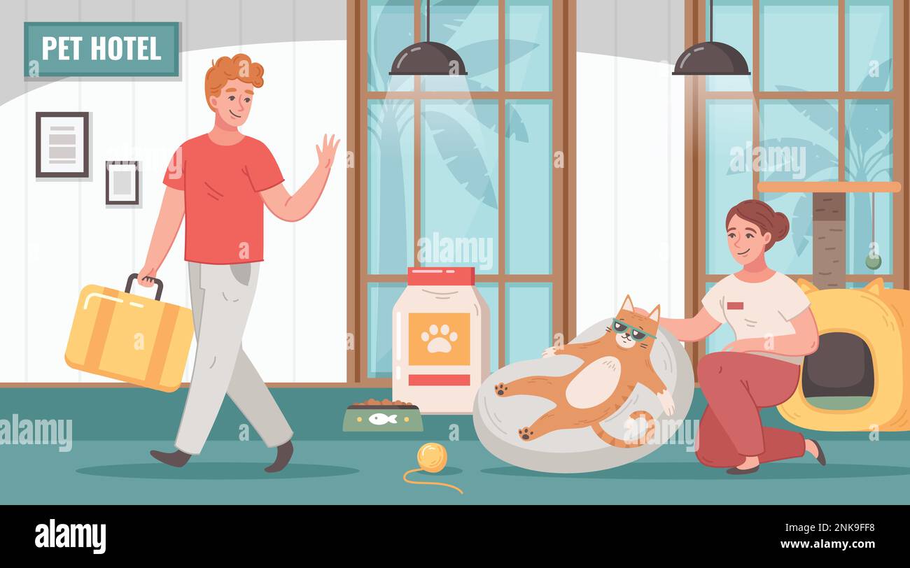 Pet hotel cartoon background with owner of cat leaving his pet in care ...