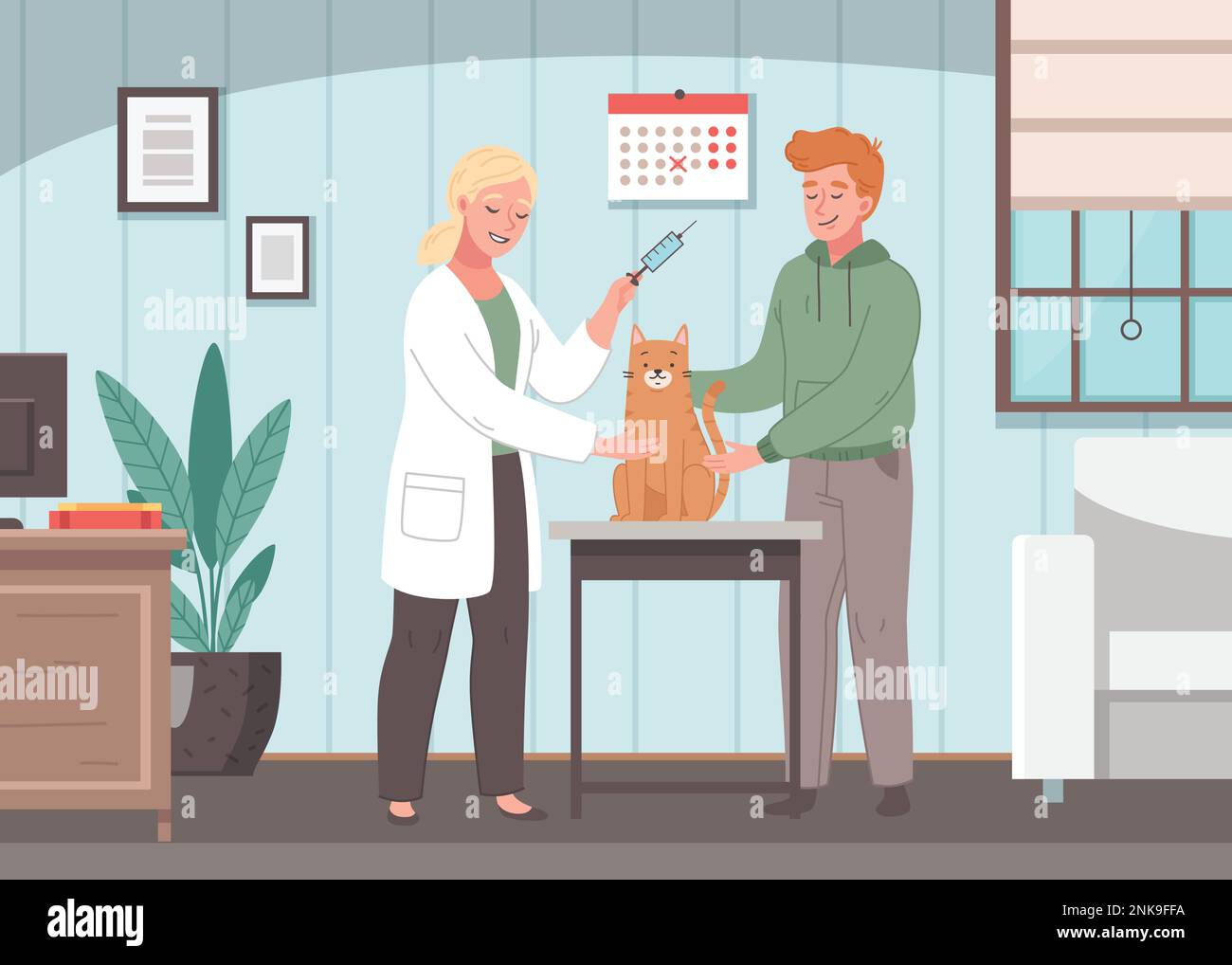 Pet medical care cartoon background with vet vaccinating cat in office ...