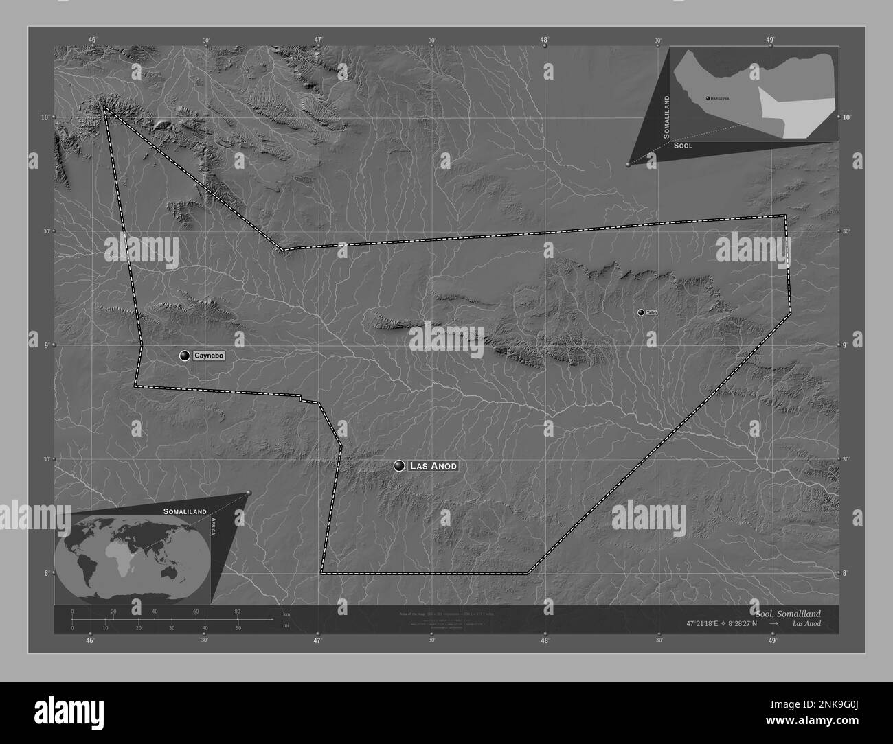 Sool, region of Somaliland. Bilevel elevation map with lakes and rivers ...