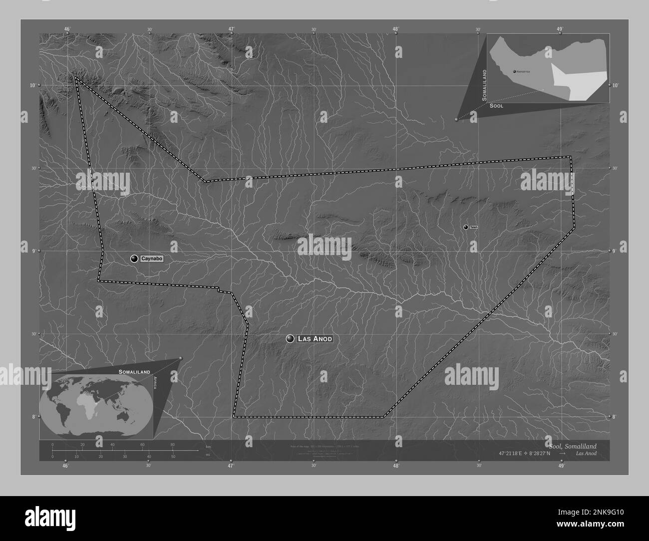 Sool, region of Somaliland. Grayscale elevation map with lakes and ...