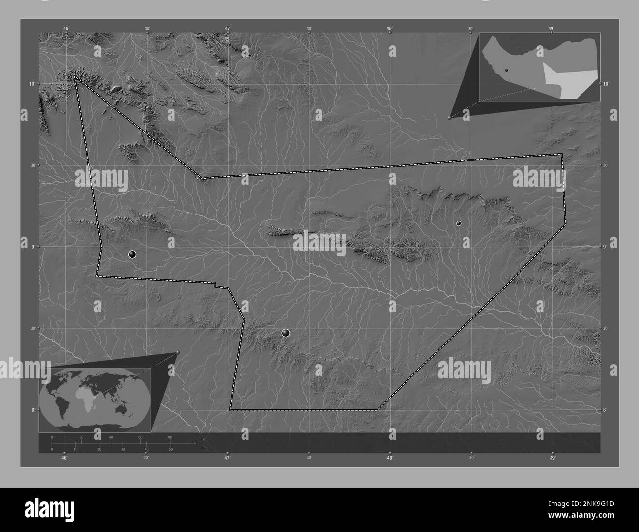 Sool, region of Somaliland. Bilevel elevation map with lakes and rivers ...