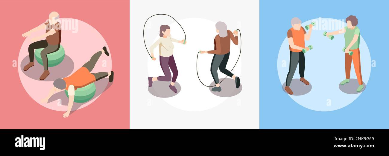 Old people fitness square set with health and energy symbols isometric ...