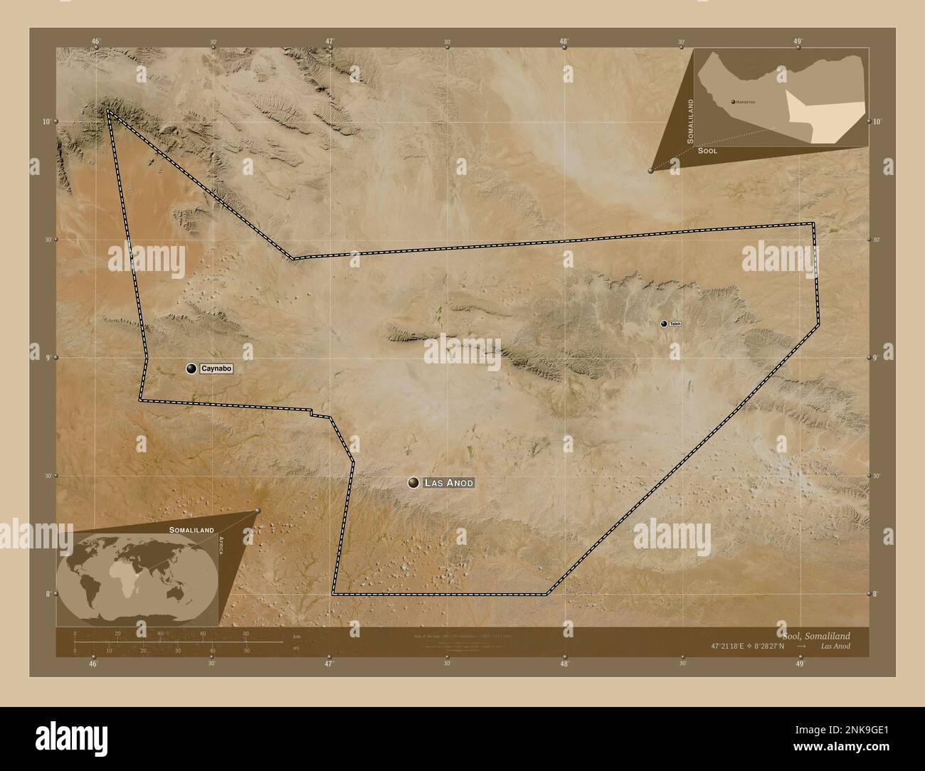 Sool, region of Somaliland. Low resolution satellite map. Locations and ...