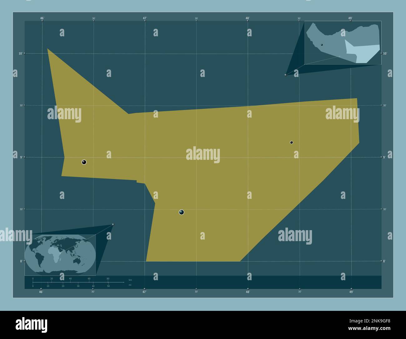 Sool, region of Somaliland. Solid color shape. Locations of major ...