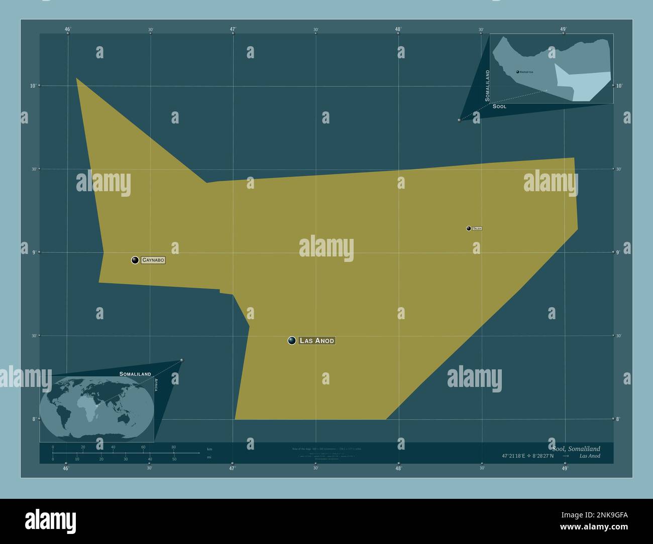 Sool, region of Somaliland. Solid color shape. Locations and names of ...