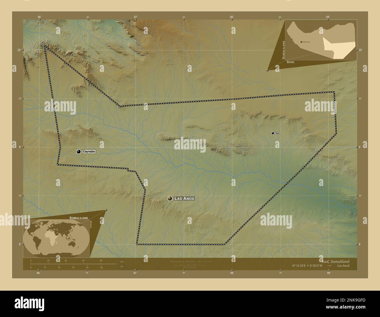 Sool, region of Somaliland. Colored elevation map with lakes and rivers ...