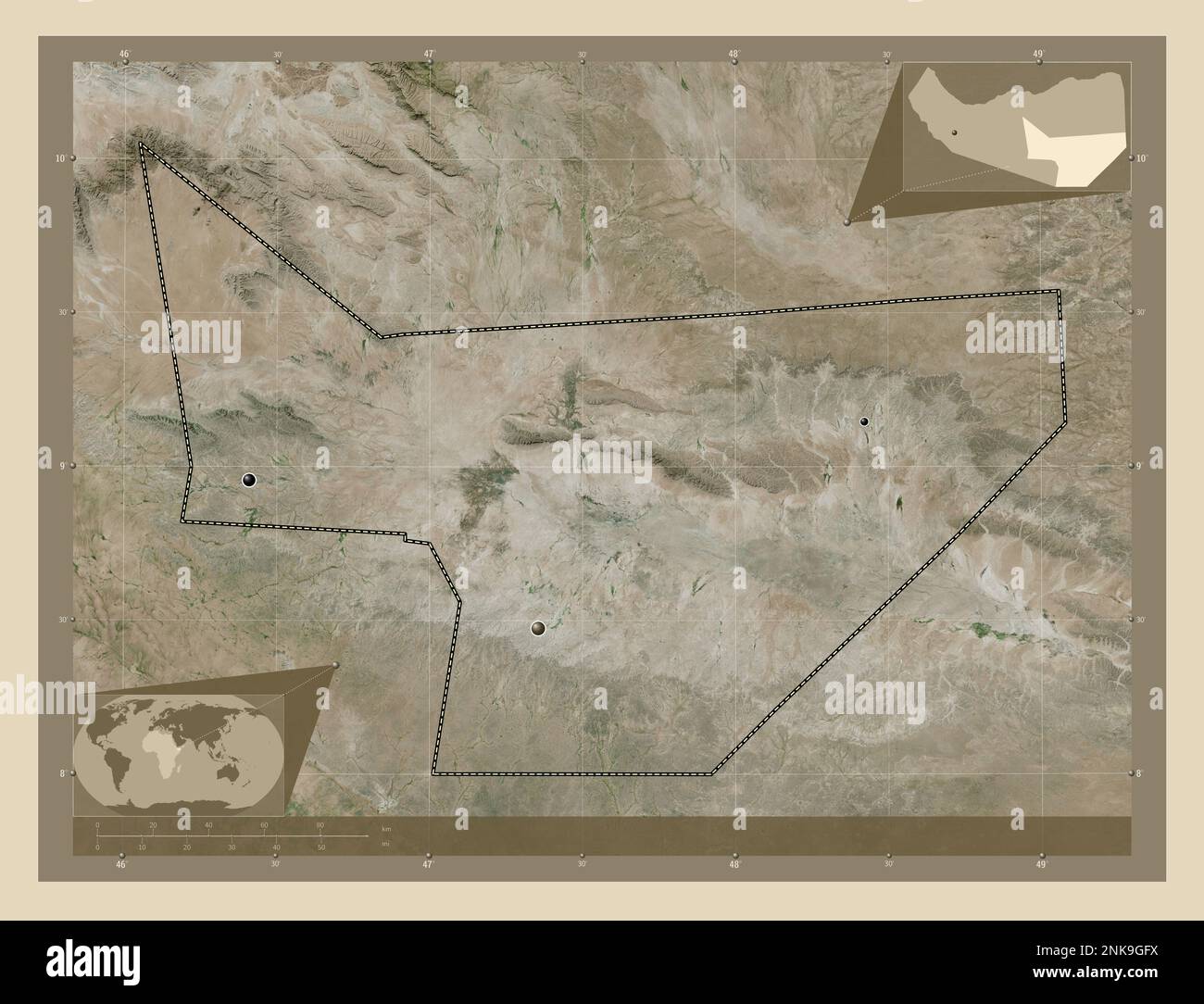 Sool, region of Somaliland. High resolution satellite map. Locations of ...
