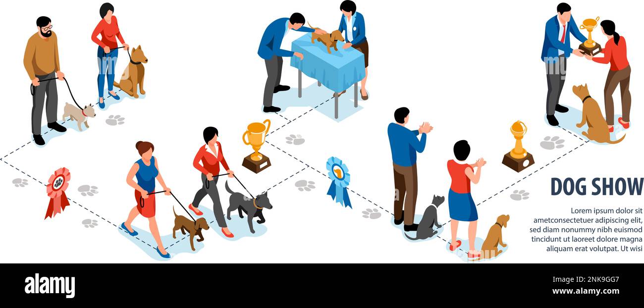 Isometric dog show infographics with editable text and flowchart of ...