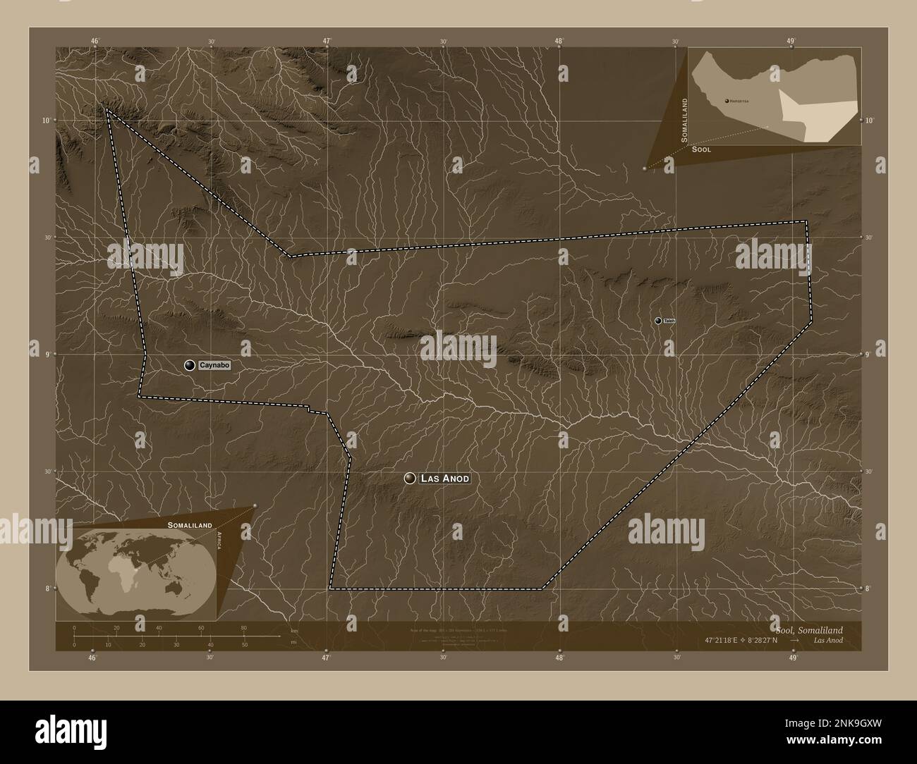 Sool, region of Somaliland. Elevation map colored in sepia tones with ...