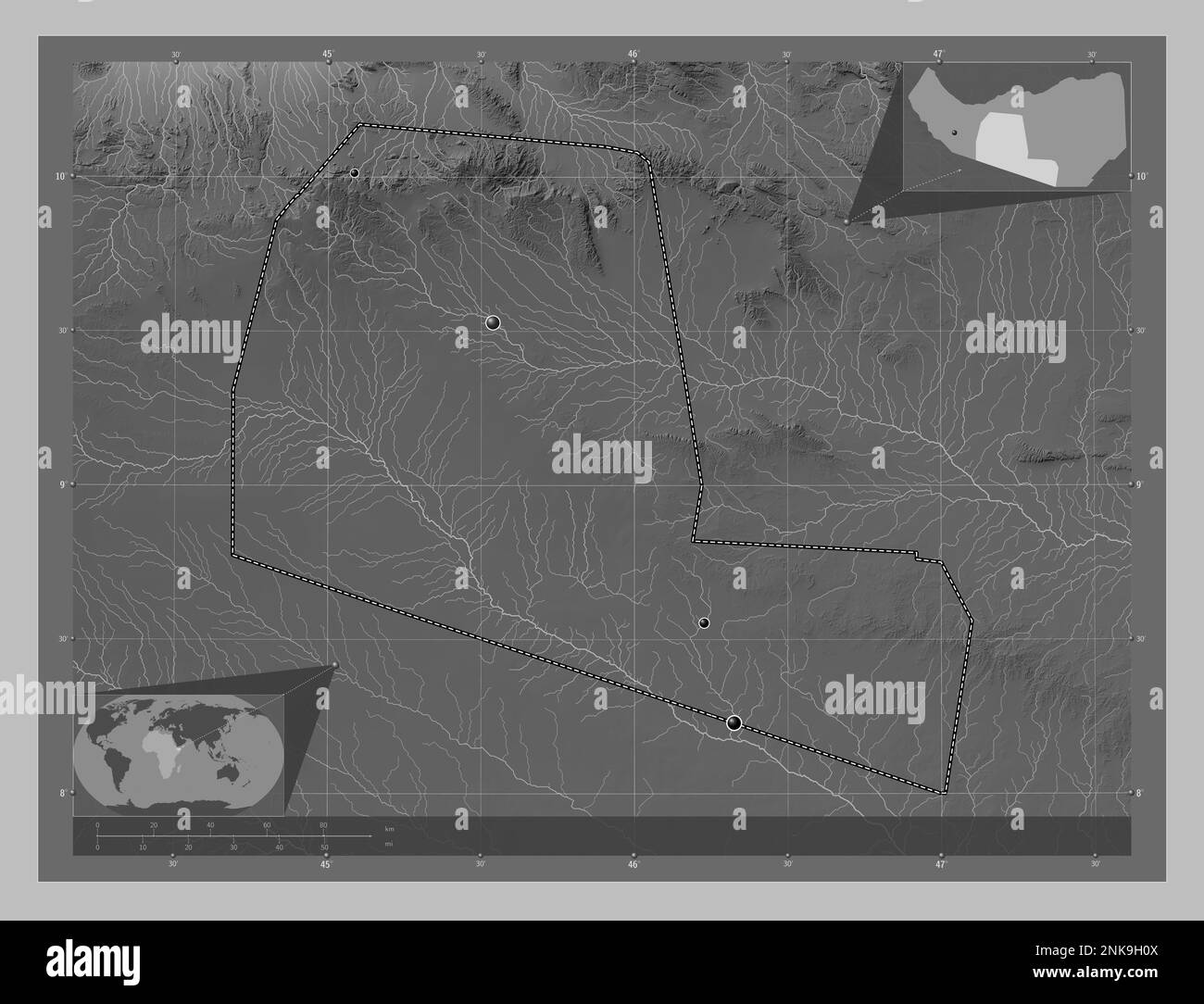 Togdheer, region of Somaliland. Grayscale elevation map with lakes and ...