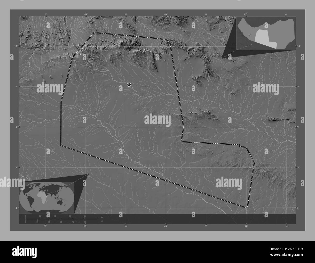 Togdheer, region of Somaliland. Bilevel elevation map with lakes and ...