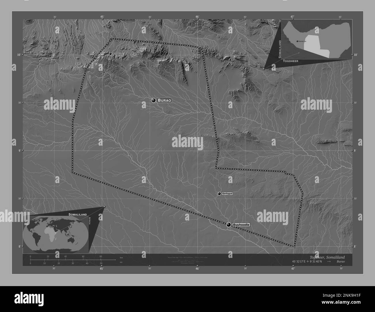 Togdheer, region of Somaliland. Bilevel elevation map with lakes and ...