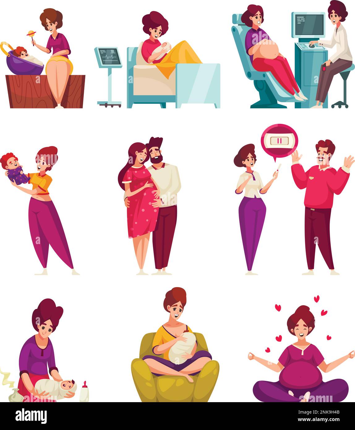 Pregnancy and maternity cartoon icons set with pregnant woman and happy ...