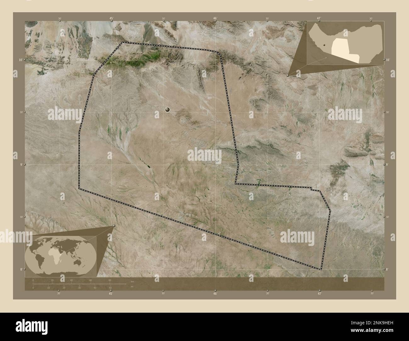 Togdheer, region of Somaliland. High resolution satellite map. Corner ...