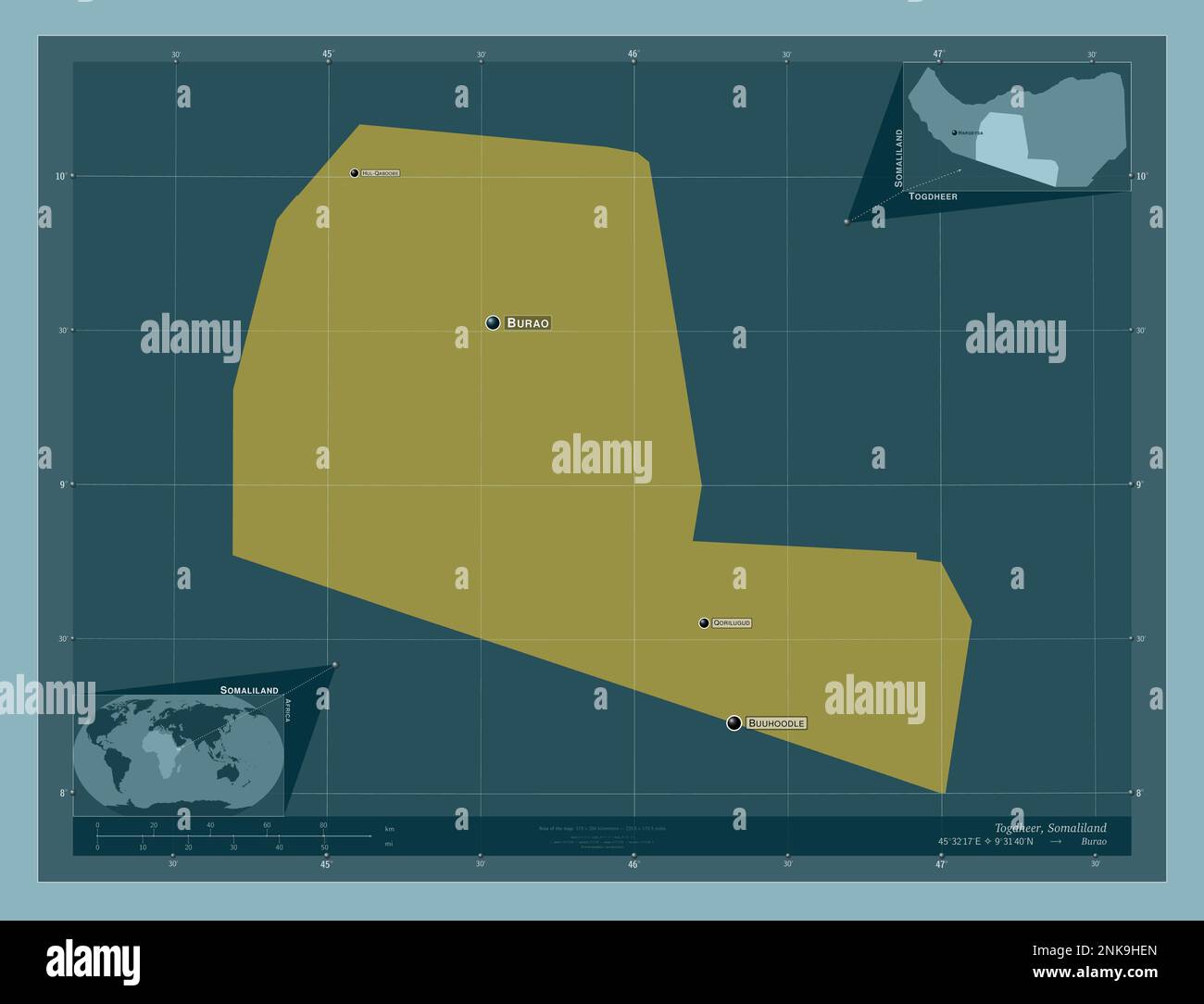 Togdheer, region of Somaliland. Solid color shape. Locations and names ...