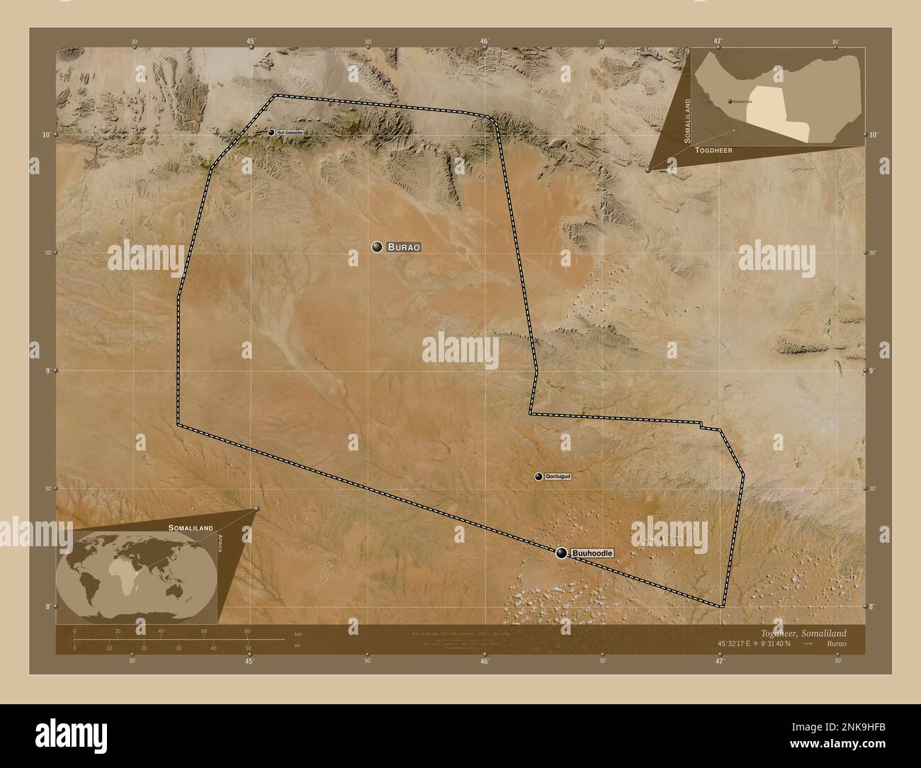 Togdheer, region of Somaliland. Low resolution satellite map. Locations ...