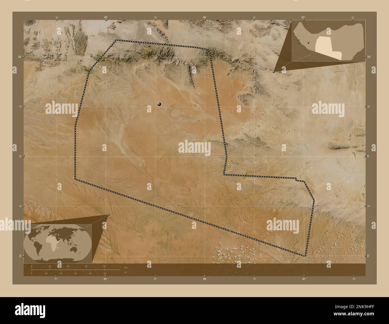 Togdheer, region of Somaliland. Low resolution satellite map. Corner ...