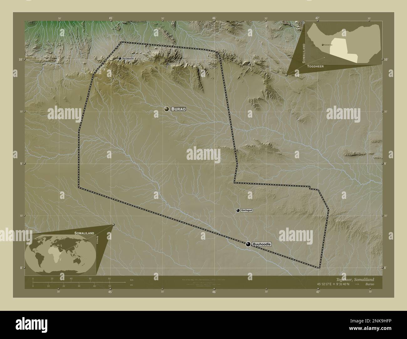 Togdheer, region of Somaliland. Elevation map colored in wiki style ...