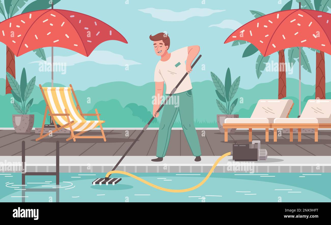 Pool Mantenance Service Summer background with guy cleaning water in ...