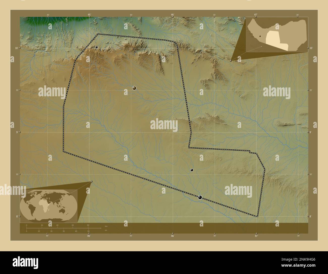 Togdheer, region of Somaliland. Colored elevation map with lakes and ...