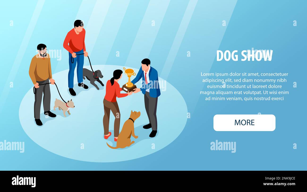 Isometric dog show horizontal banner with editable text more button and ...